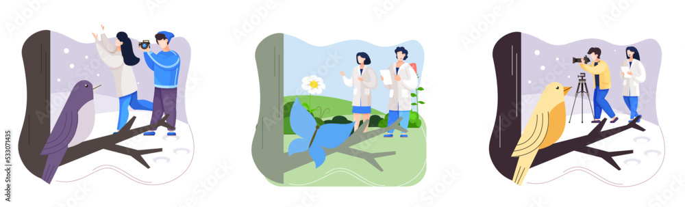 Observation of animals in wild. Ecologists scientists conduct research ...