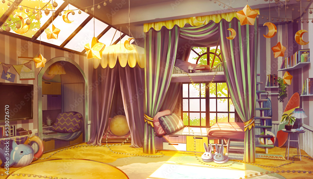 Game Art Fantasy interior bedroom design with summer beach and winter ...