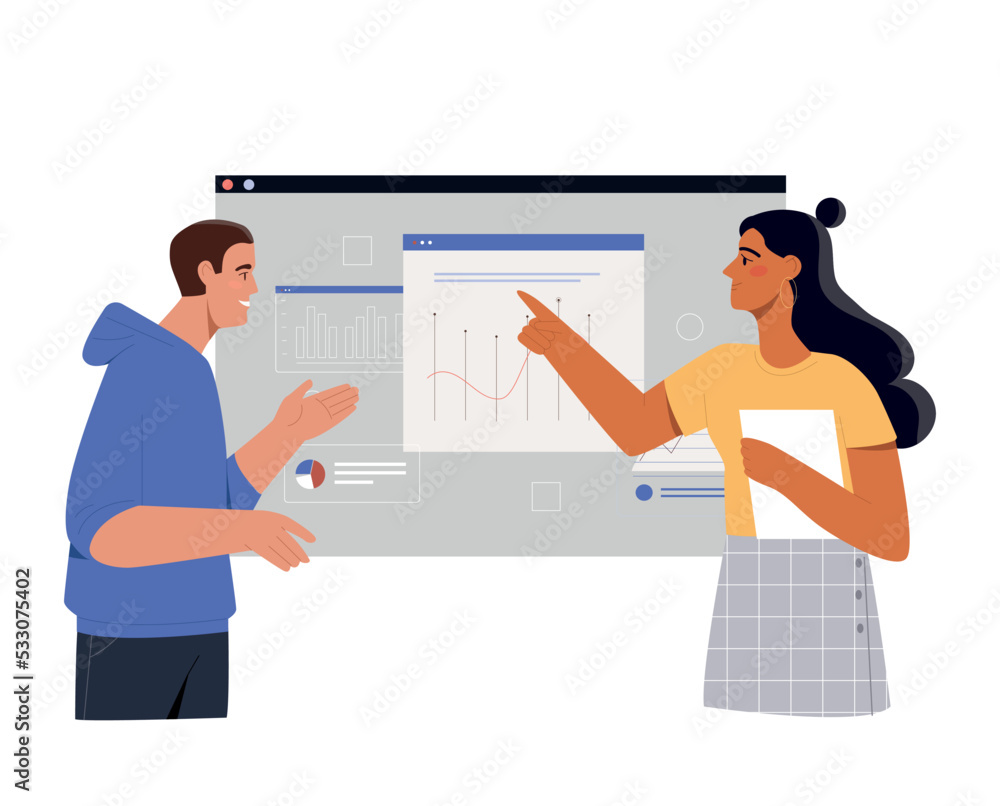 People with presentation. Man and woman discussing graphs, diagrams and ...