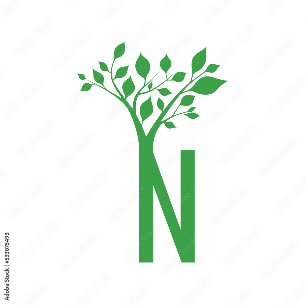 Green letter N with the branch of a tree ornament. For initial logo and ...