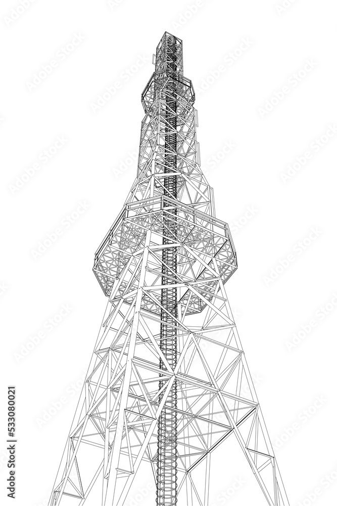 Outline of a high tower for communications from black lines isolated on ...