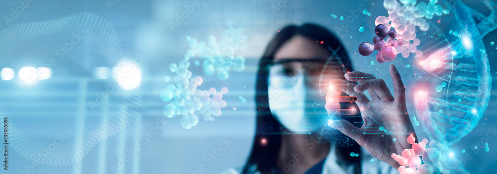 Abstract luminous DNA molecule. Scientist holding and cut dna for ...