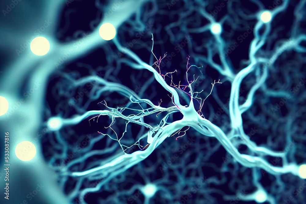 Neural network illustration, nervous system, axons, dendrits, glowing ...