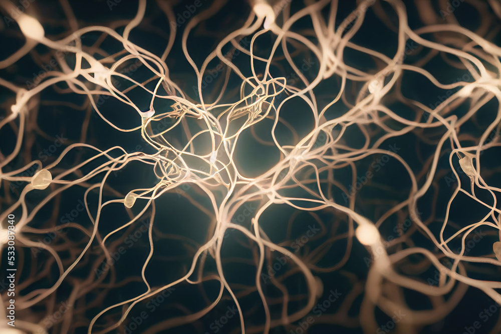 Neural network illustration, nervous system, axons, dendrits, glowing ...