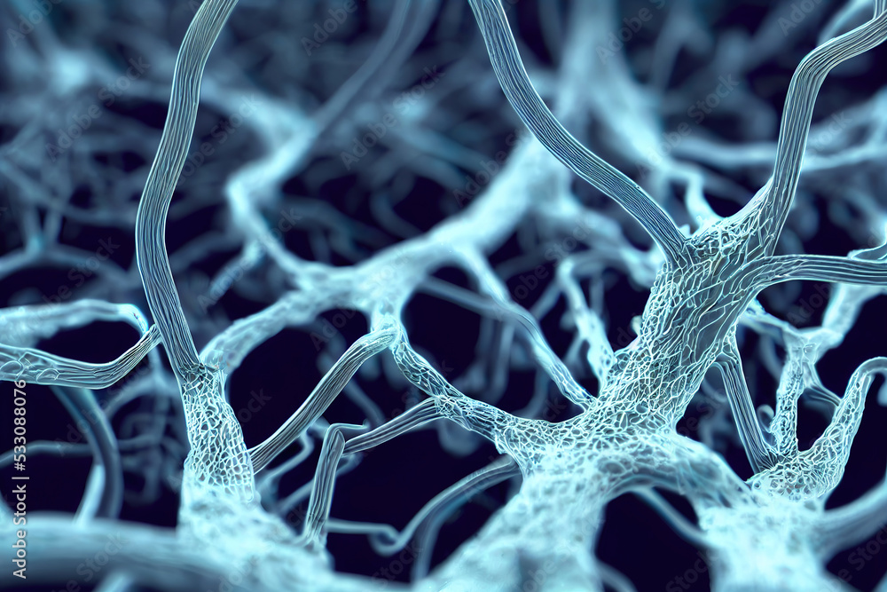 Neural network illustration, nervous system, axons, dendrits, glowing ...