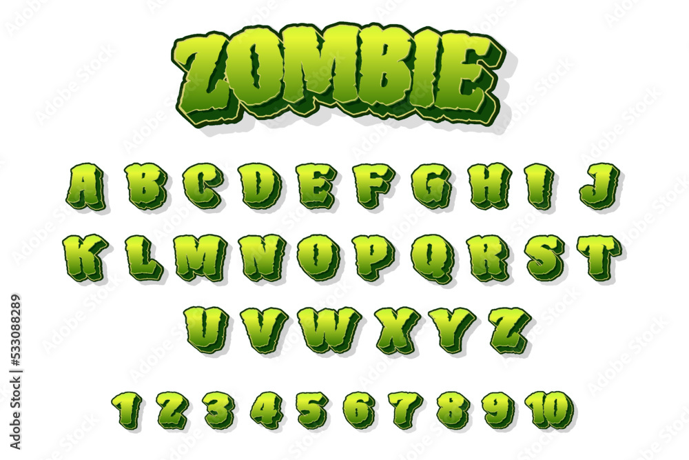 Green scary zombie 3d alphabet letter and number design template, font ...