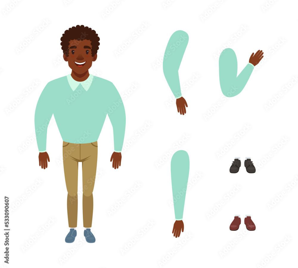 Full length portrait of young African American man, arms and shoes set ...