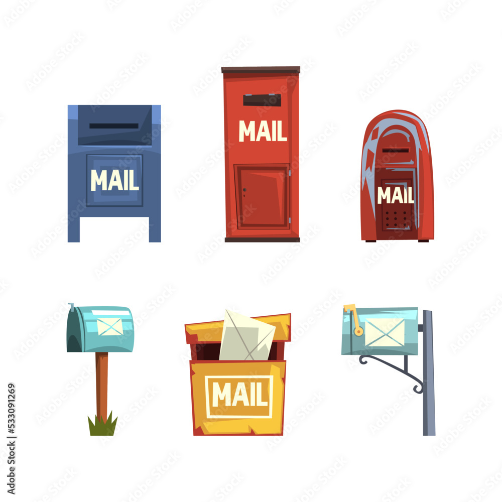 Set of outdoor mail boxes, or vintage post box cartoon vector ...