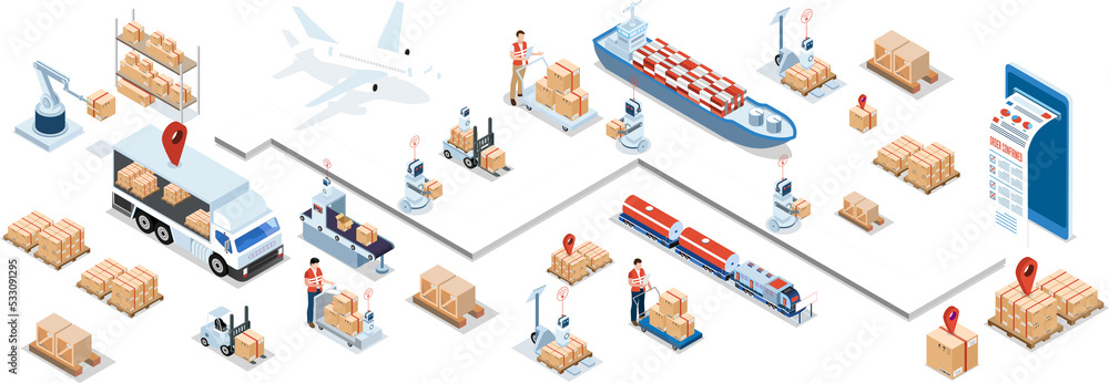 3D isometric Global logistics network concept with Transportation ...