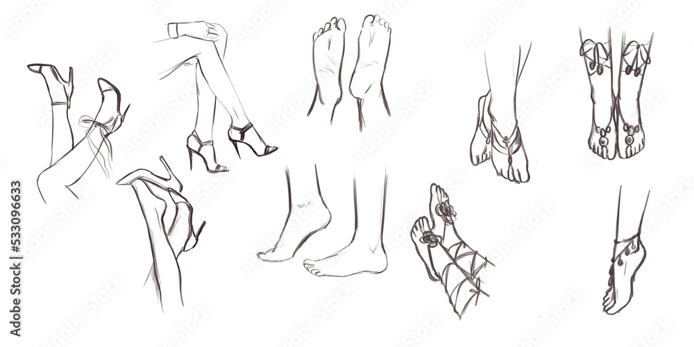 pencil sketch set of male and female legs with and without shoes Stock ...