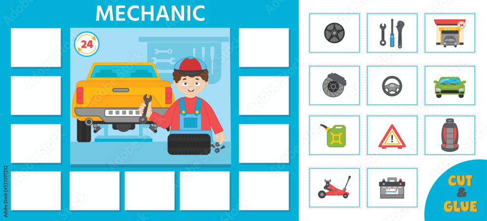 Educational game for kids. Learning cards. Professions. Auto mechanic ...