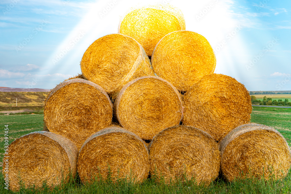 Stacked hay bales after harvest at the edge of the field with sun rays ...