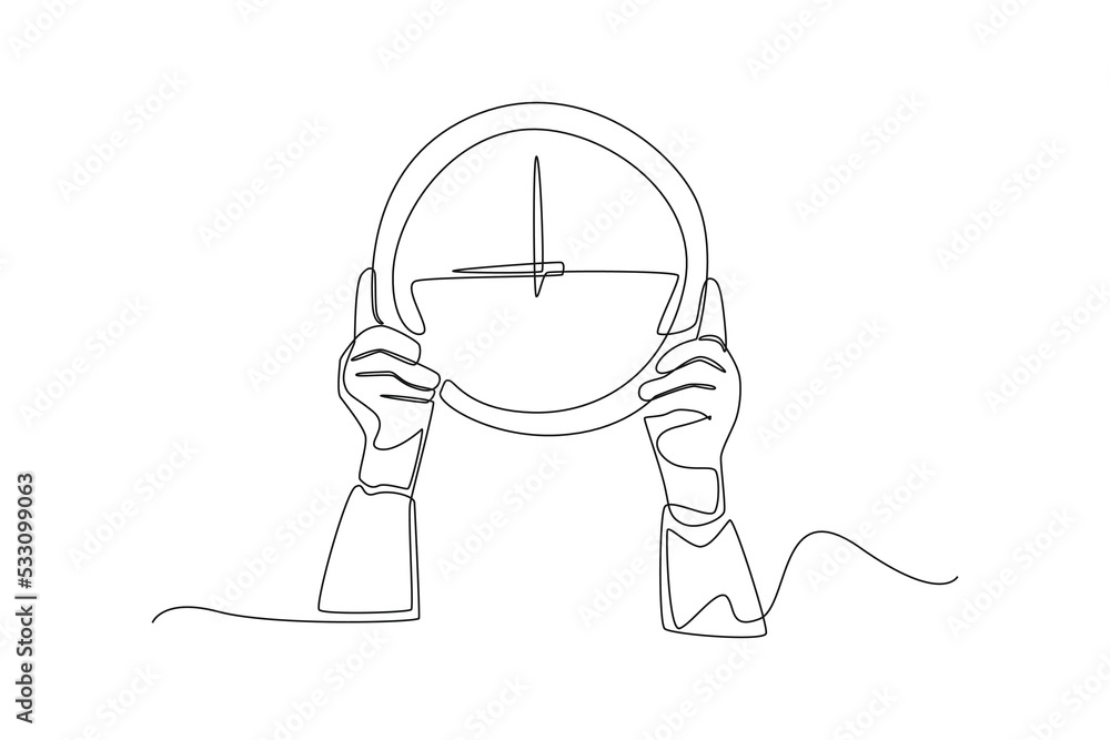 Continuous one line drawing hands holding a clock. Timer concept ...