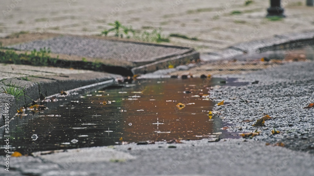 Rain Drops Splashing on Surface of Water Puddle Formed by Asphalt ...