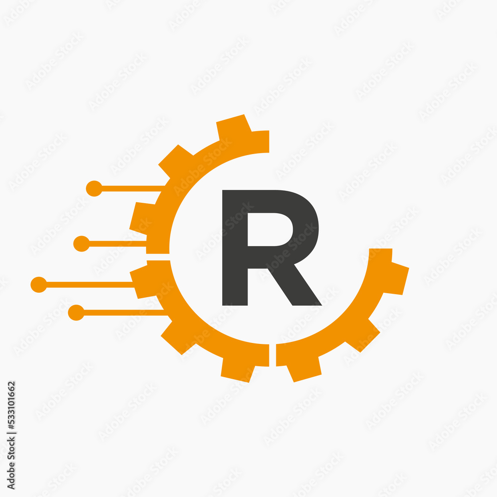 Cog Gear Logo Technology Symbol On Letter R Vector Template Stock ...