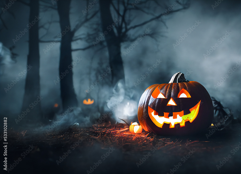 Scary and terrifying pumpkin in a haunted forest full of demons and ...