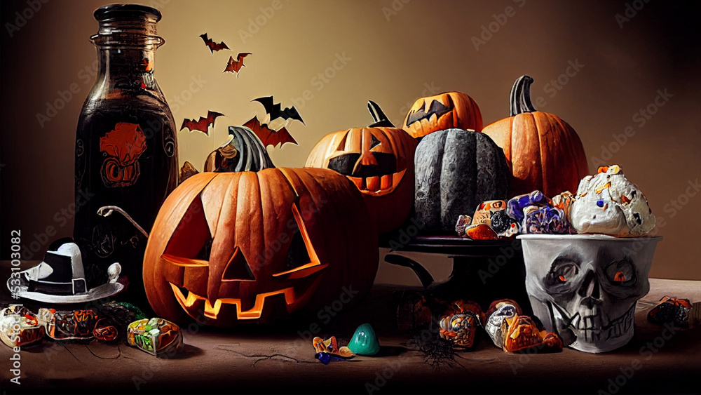 spooky Halloween still life sweets background, digital illustration art ...