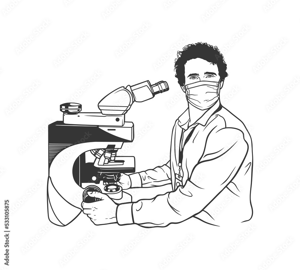 Male doctor wearing a mask using a microscope in the laboratory. Vector ...