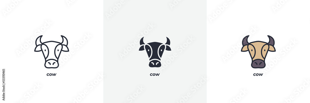 cow icon. Line, solid and filled outline colorful version, outline and ...
