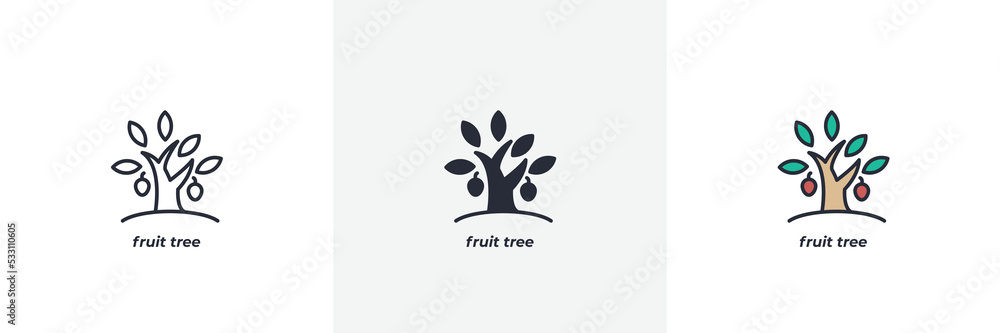 fruit tree icon. Line, solid and filled outline colorful version ...