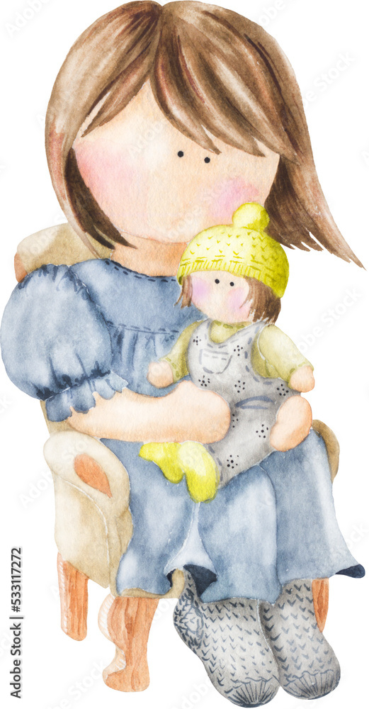 Watercolor cute illustration of mother doll with daughter. Perfect for ...