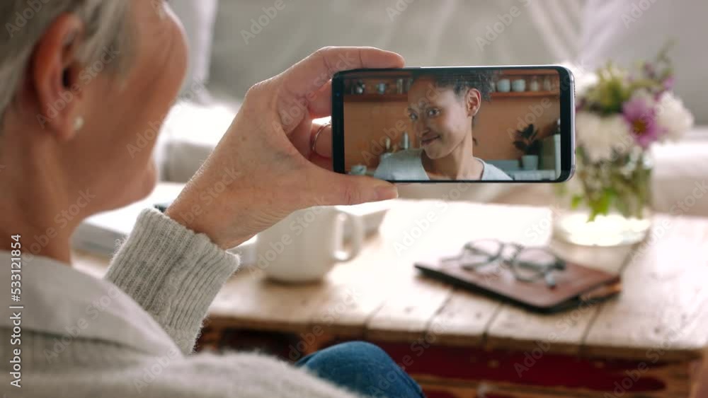 Woman talking video call phone screen at home, mobile communication and ...