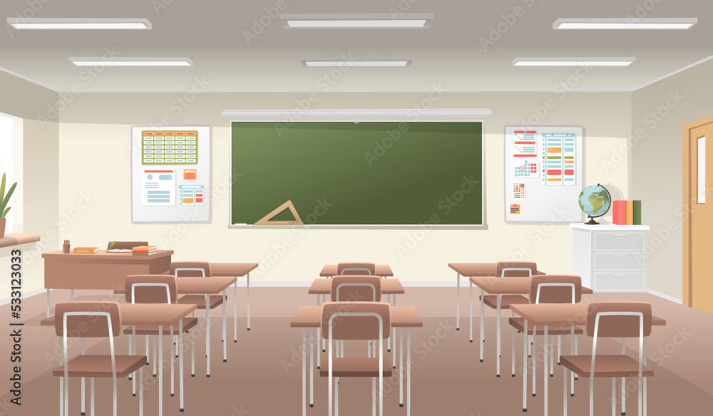 School classroom interior. A bright spacious room with a blackboard and ...