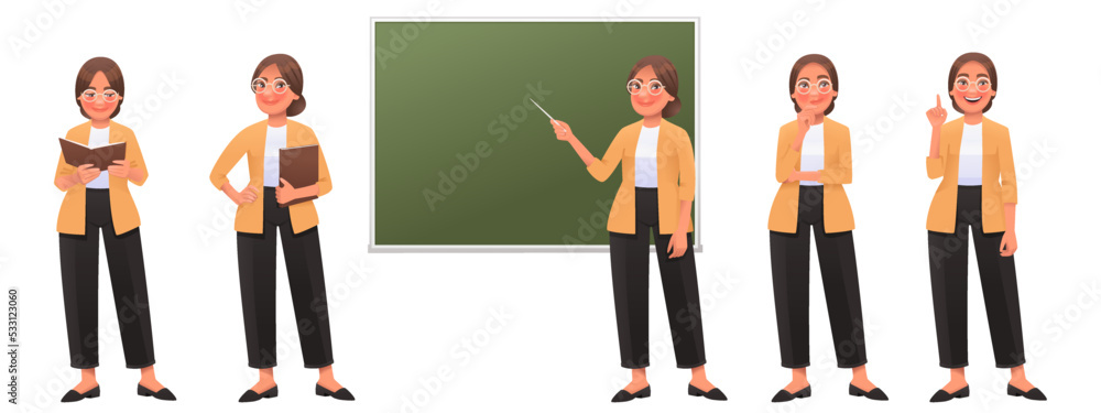 Teacher woman character set. Happy teacher pointing at the blackboard ...