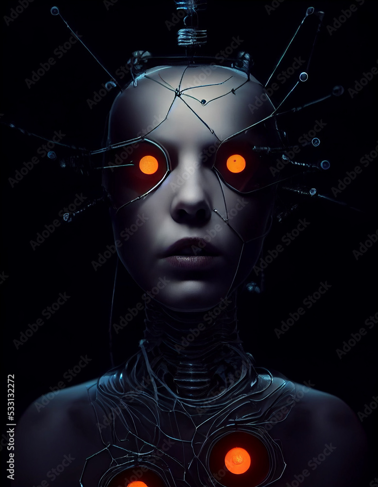 Science Fiction Horror Movie Scary Cyborg Woman Dark 3D Art Conceptual ...