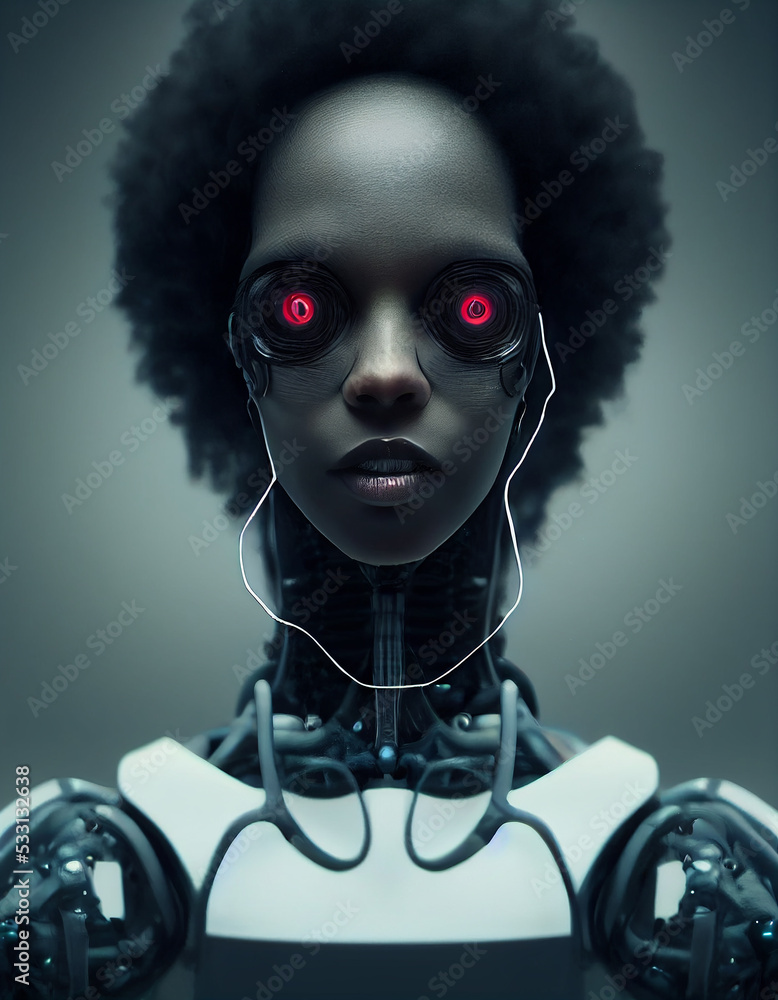 Sci-Fi Futuristic Black Woman with Afro Hair Cyborg Mechanism 3D ...