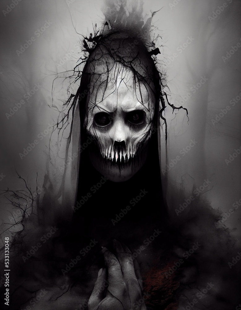 Spooky Ancient Death Spirit with Empty Black Eyes and Fangs 3D Art ...