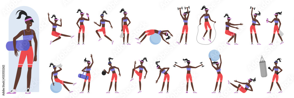 Cartoon active woman doing healthy aerobic exercises or pilates in gym ...