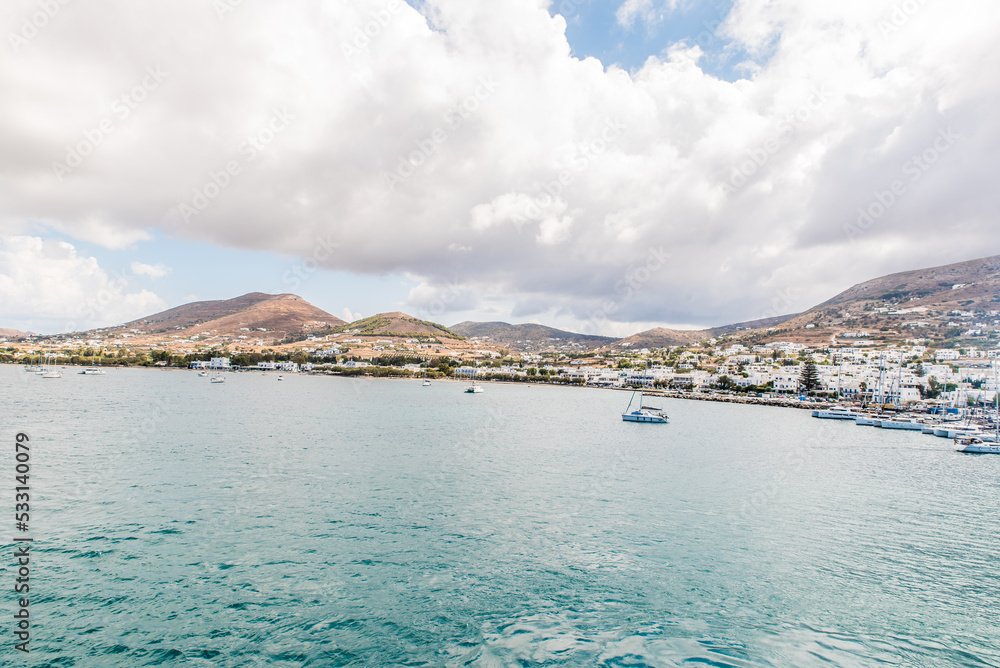 Paros as seen from a ship near Paroikia port the capital of Paros ...