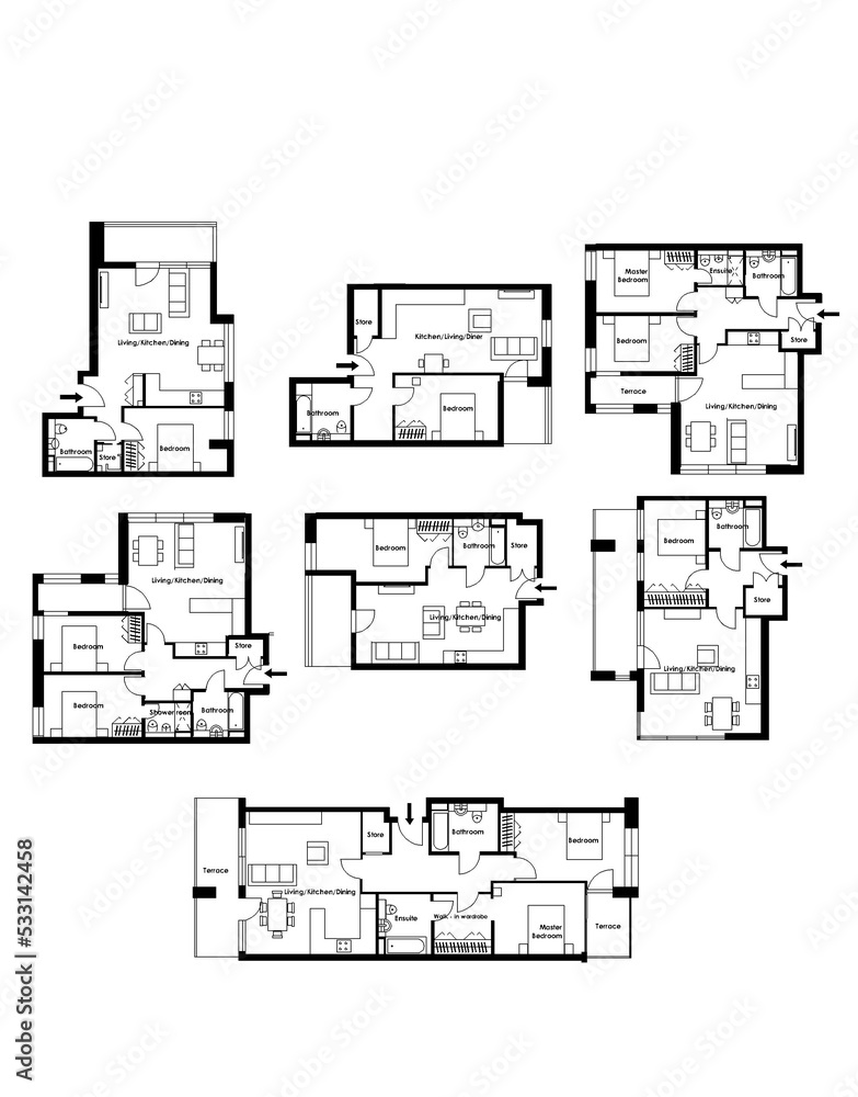 Architecture design, blueprint plan. Set of different black and white ...