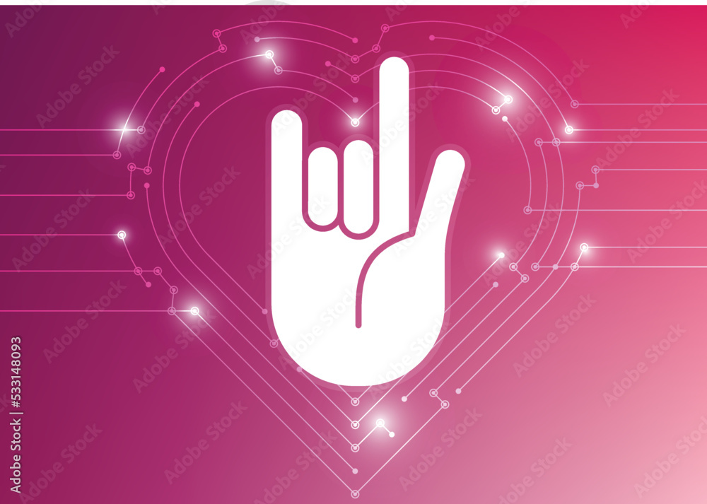 hand sign showing love on a heart-shaped background in hi-tech style ...