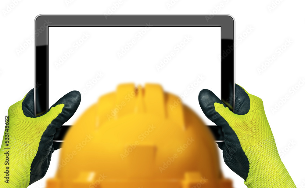 Construction worker with yellow hard hat and hands with protective ...