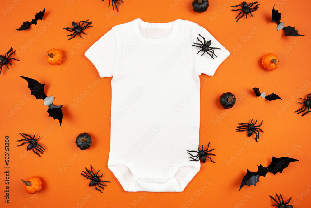 Halloween white baby girl or boy bodysuit mockup flat lay with pumpkins ...