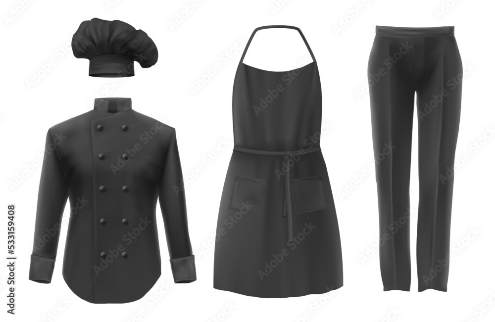 Chef uniforms. Culinary clothing black hat tunic apron pants with a ...