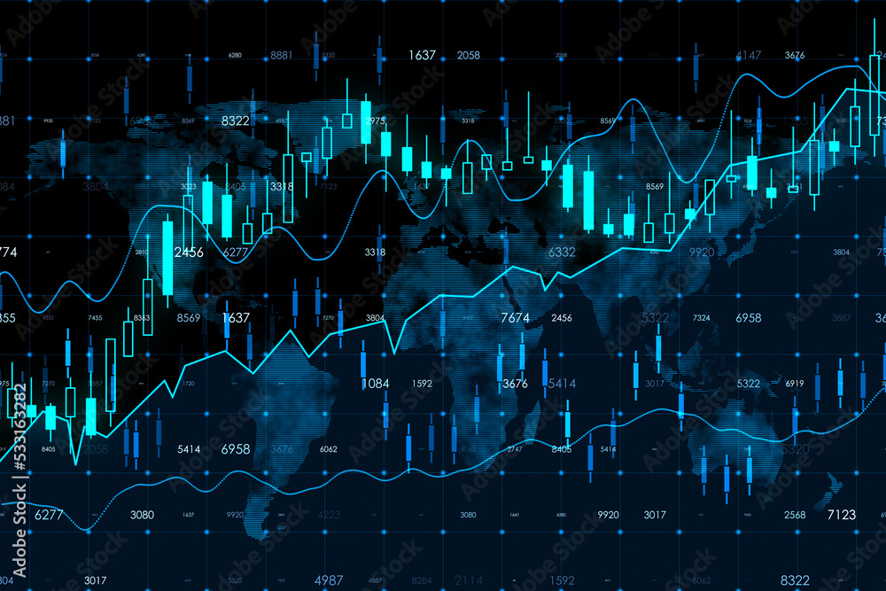 Stock market and market growth concept with digital glowing financial chart graphs, diagrams and ...