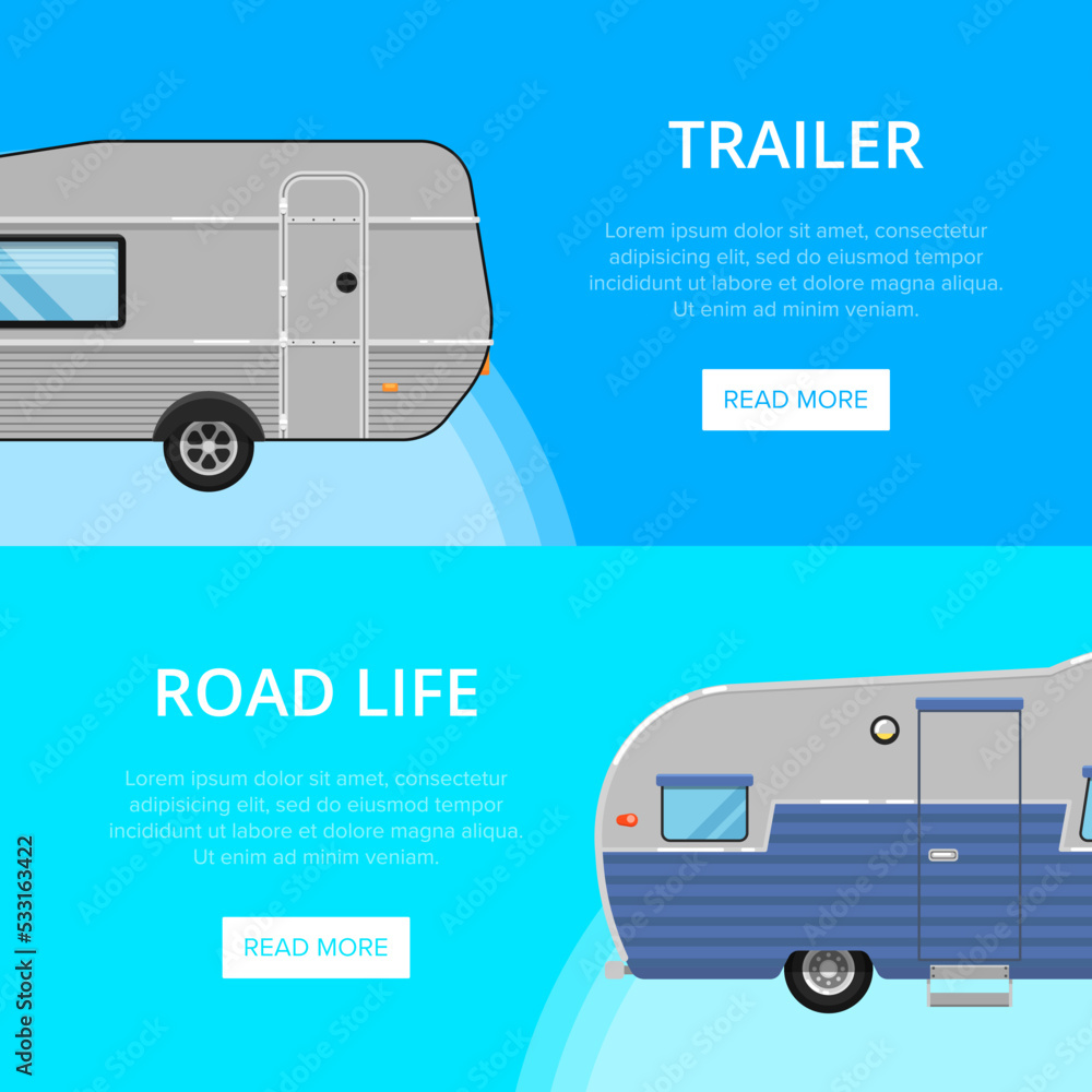 Road life flyers with camping trailers. Car RV trailer caravan, compact ...