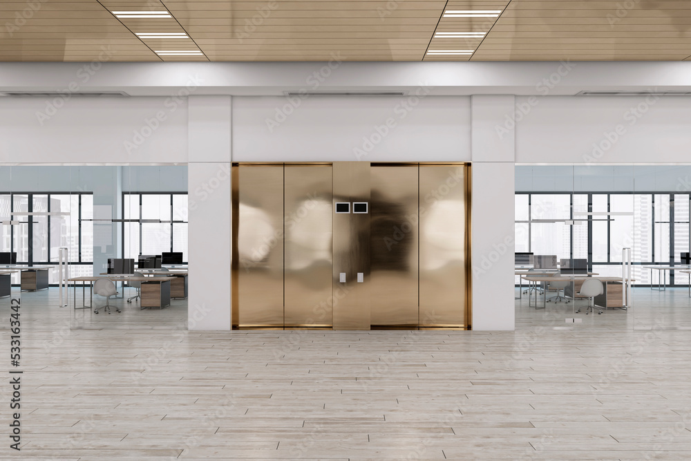 Luxury spacious office interior with wooden flooring, shiny ceiling ...