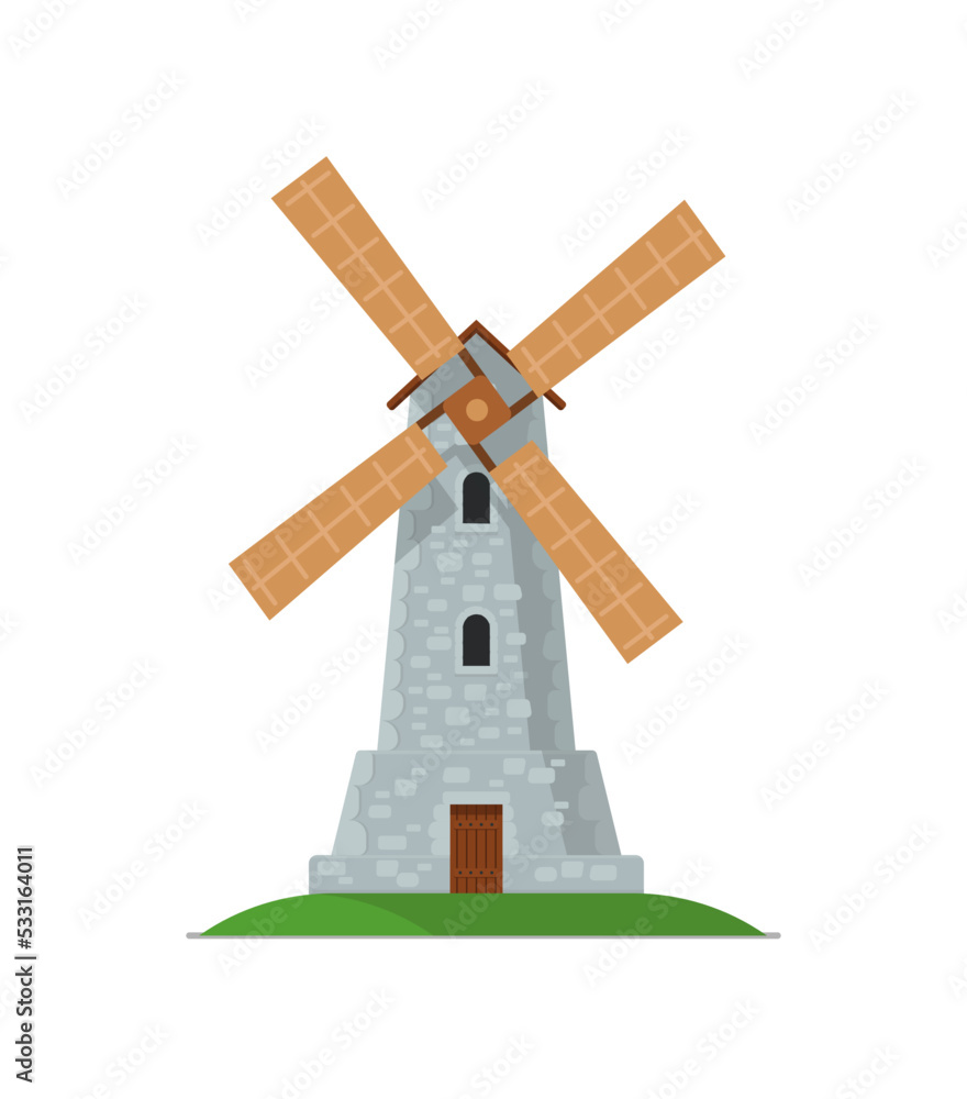Medieval stone windmill building on white icon. Rural bakery shop ...
