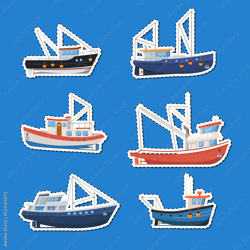 Fishing boats side view isolated labels set. Commercial fishing ...