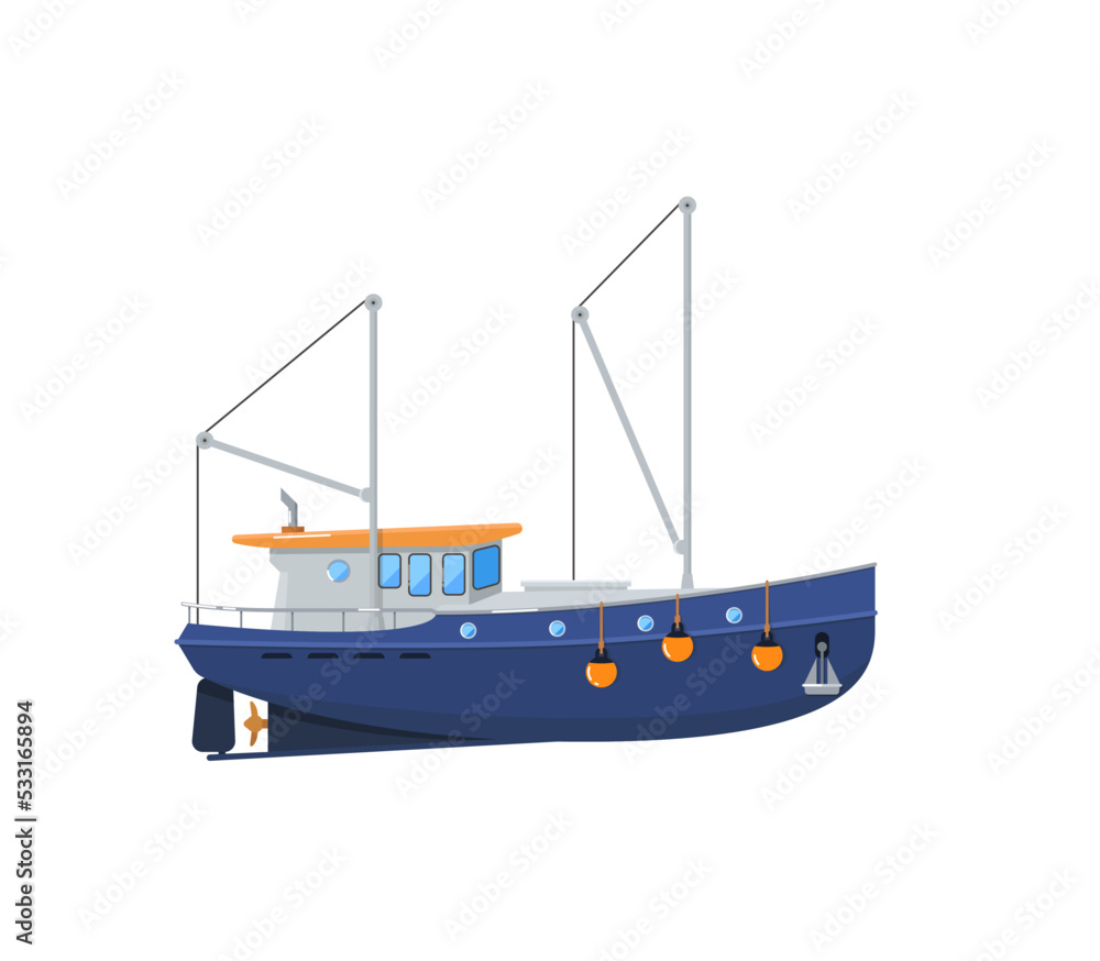 Fishing trawler isolated on white icon. Side view commercial fishing ...