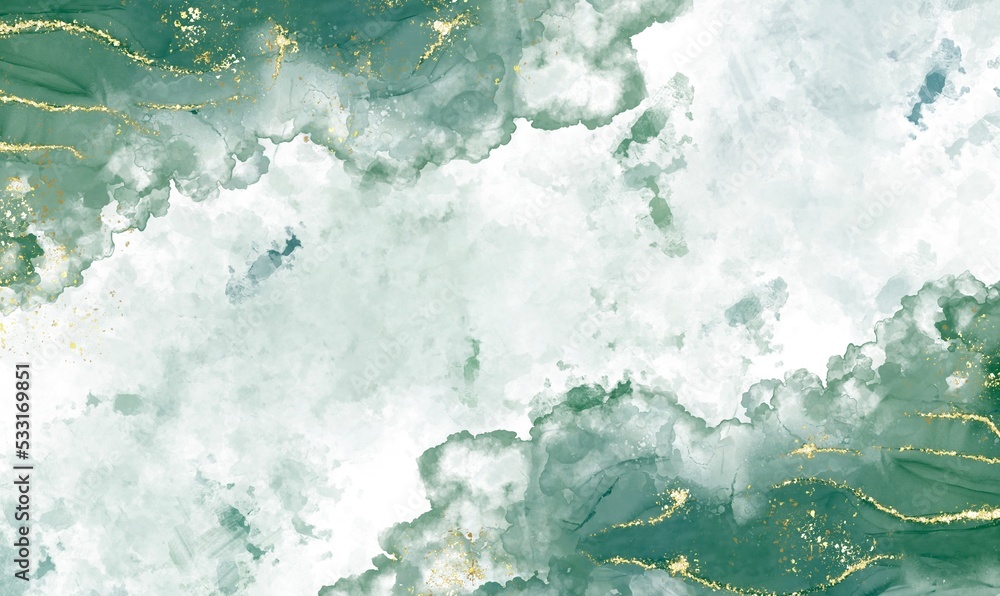 green watercolor background drawn by brush. Green paints spilled on ...
