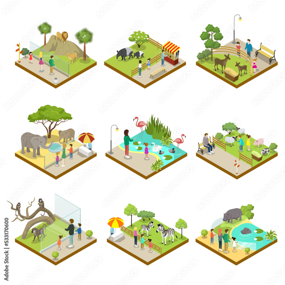 Public zoo with wild animals landscapes isometric 3D set. Lion, monkey ...