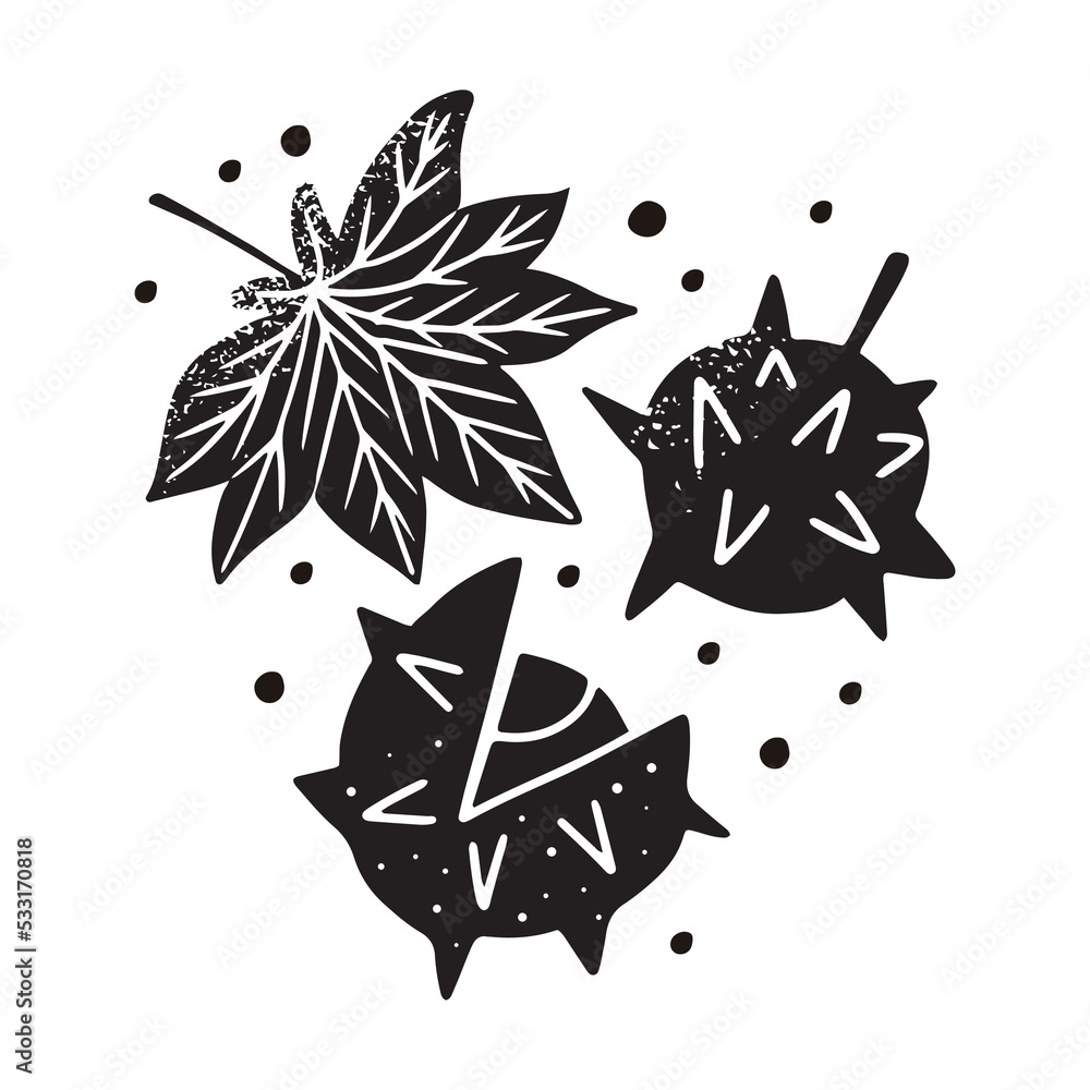 Hand drawn chestnut tree leaf and nuts in linocut texture style ...