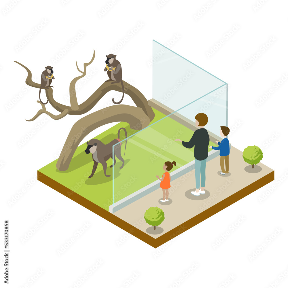 Cage with monkeys isometric 3D icon. Public zoo with wild animals and ...