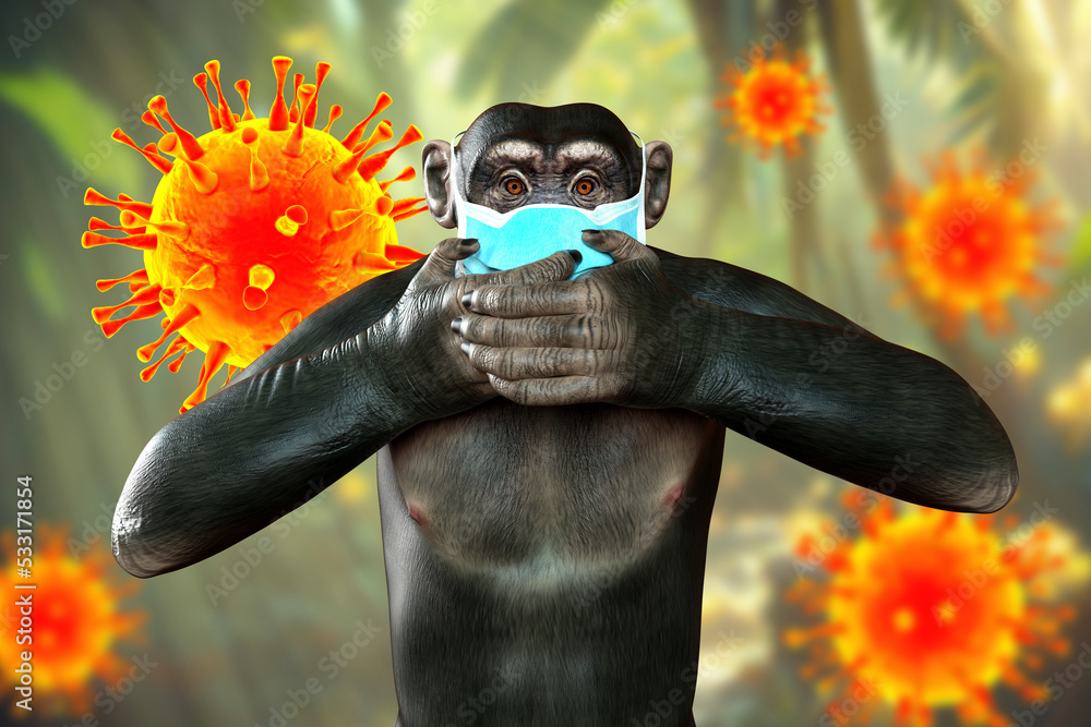 Monkey in a mask closing his face with hands, conceptual 3D ...