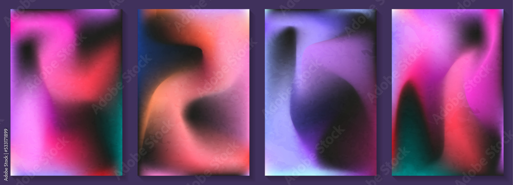 Blurred grainy backgrounds set with modern abstract soft color gradient patterns. Trendy dark ...